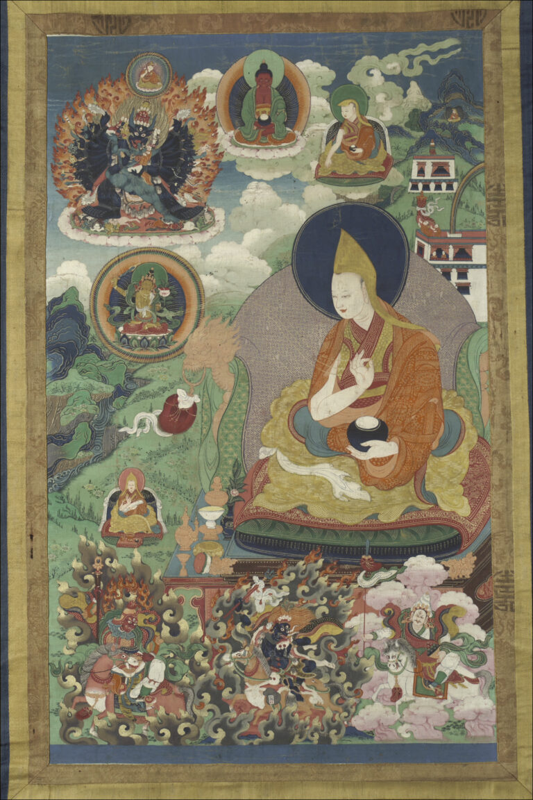 Fifth Panchen Lobzang Yeshe (1663–1737), one of thirteen thangkas ...